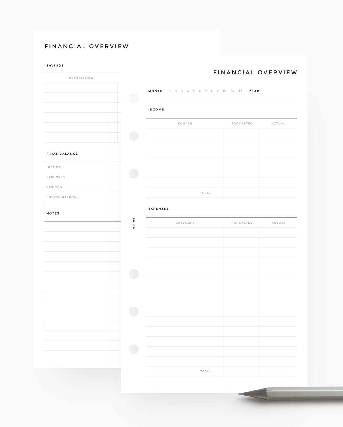Minimal Financial Overview Planner Inserts - 8Lotus